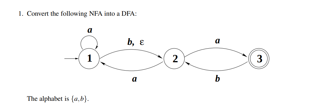 Solved 1. Convert the following NFA into a DFA: The alphabet | Chegg.com