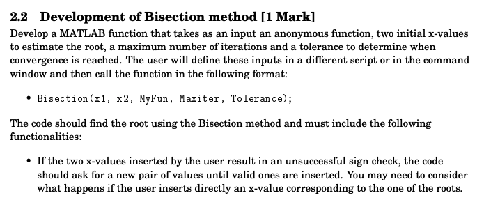 2.2 Development of Bisection method [1 Mark] Develop | Chegg.com
