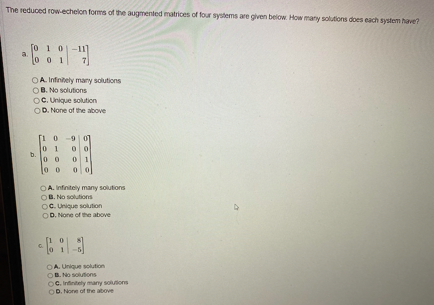 Solved The reduced row-echelon forms of the augmented | Chegg.com