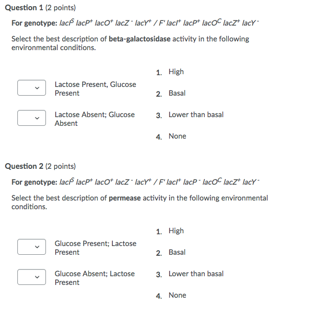 Solved Question 1 (2 points) For genotype: laci lacpt laco* | Chegg.com