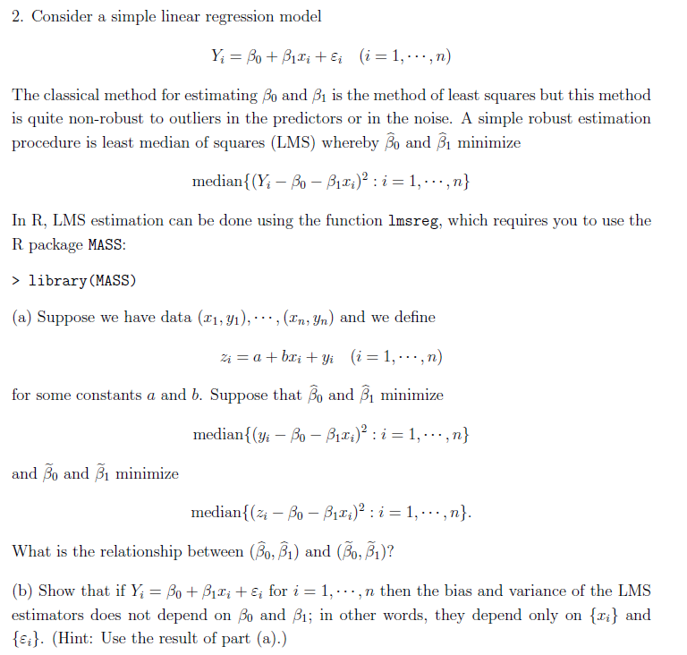 2. Consider a simple linear regression model Y; = Bo | Chegg.com