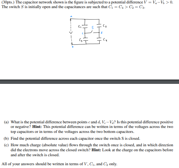 Solved (30pts.) The capacitor network shown is the figure is | Chegg.com
