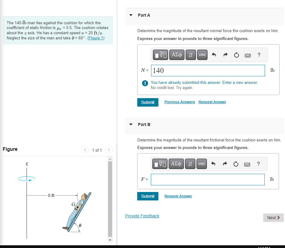 Solved The 140-lb man lies against the cushion for which the | Chegg.com