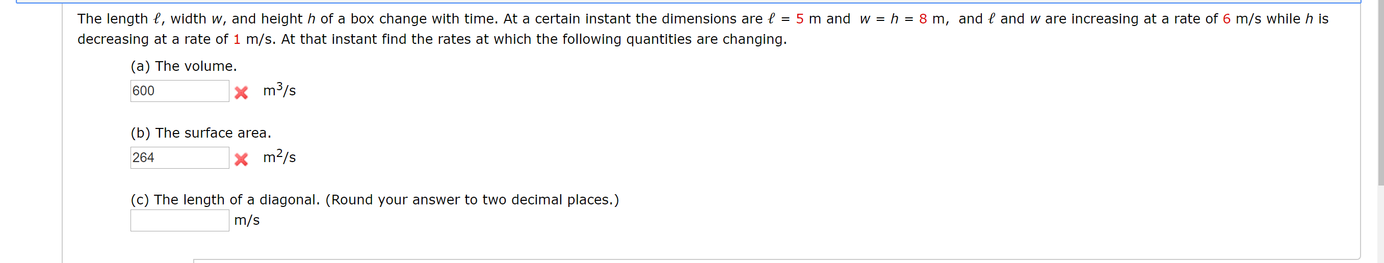 Solved The length €, width w, and height h of a box change | Chegg.com
