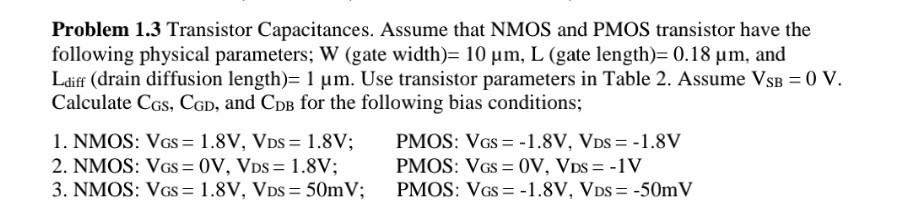Table 2 Capacitance parameters of NMOS and PMOS | Chegg.com