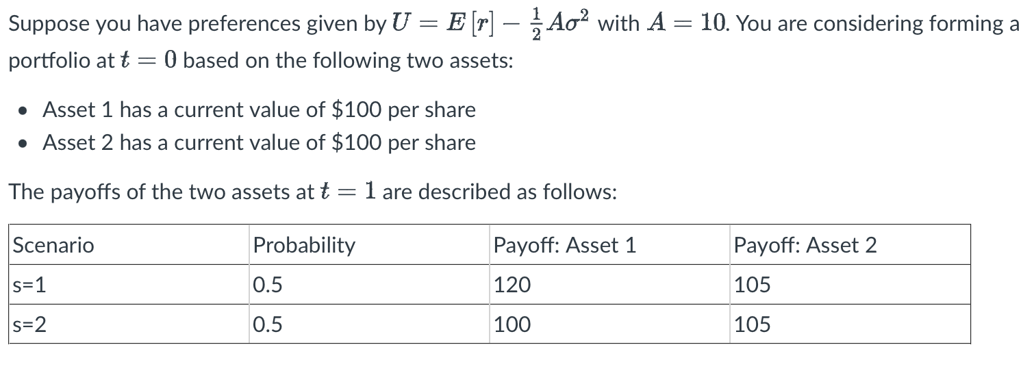 Solved Suppose you have preferences given by U=E[r]−21Aσ2 | Chegg.com