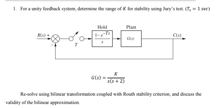 For a unity feedback system, determine the range of K | Chegg.com
