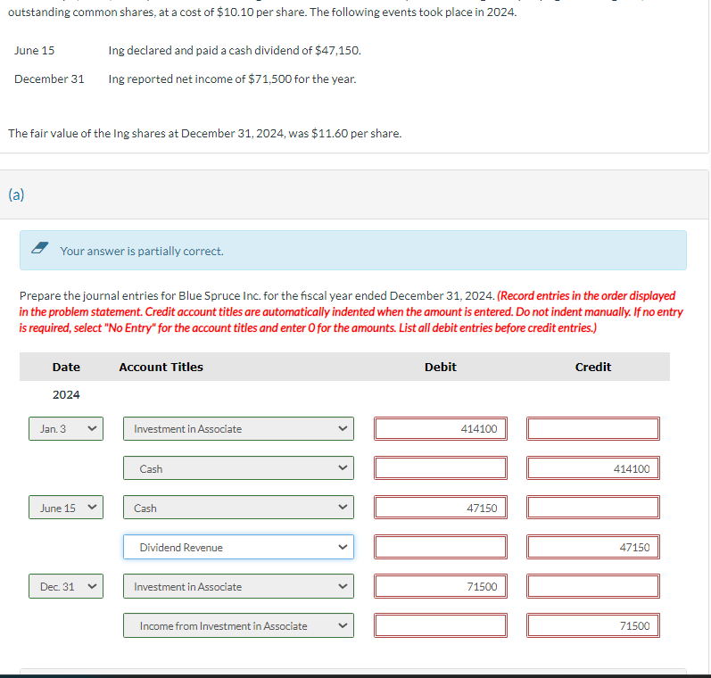 Solved The fair value of the Ing shares at December 31,2024 | Chegg.com