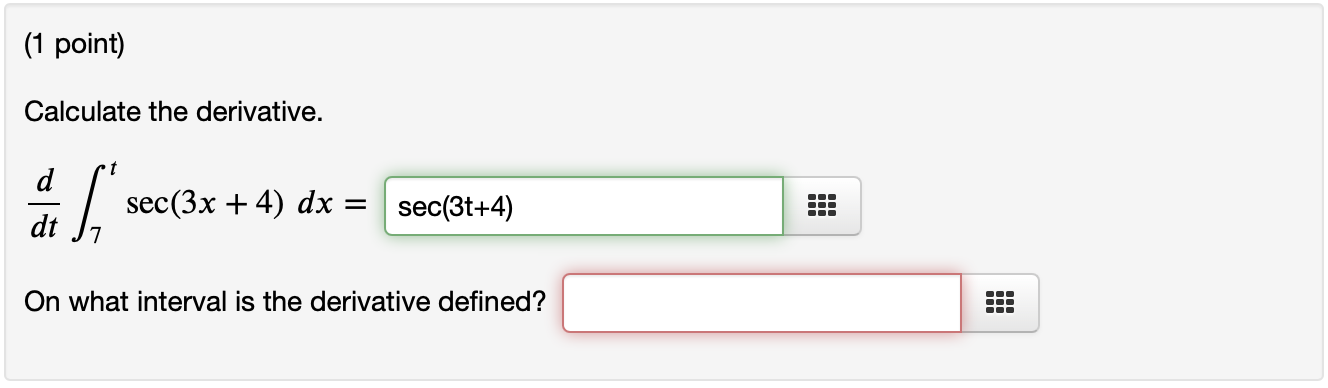 Solved (1 point) Calculate the derivative. d dt sec(3x + 4) | Chegg.com