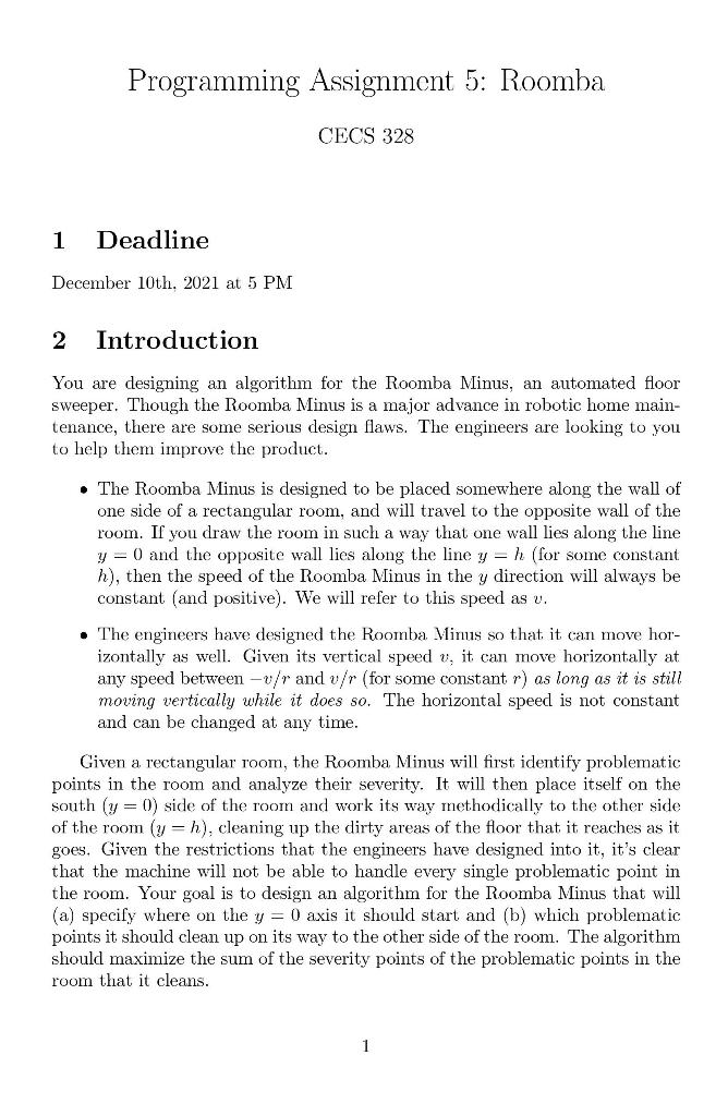 Programming Assignment 5: Roomba CECS 328 1 Deadline | Chegg.com