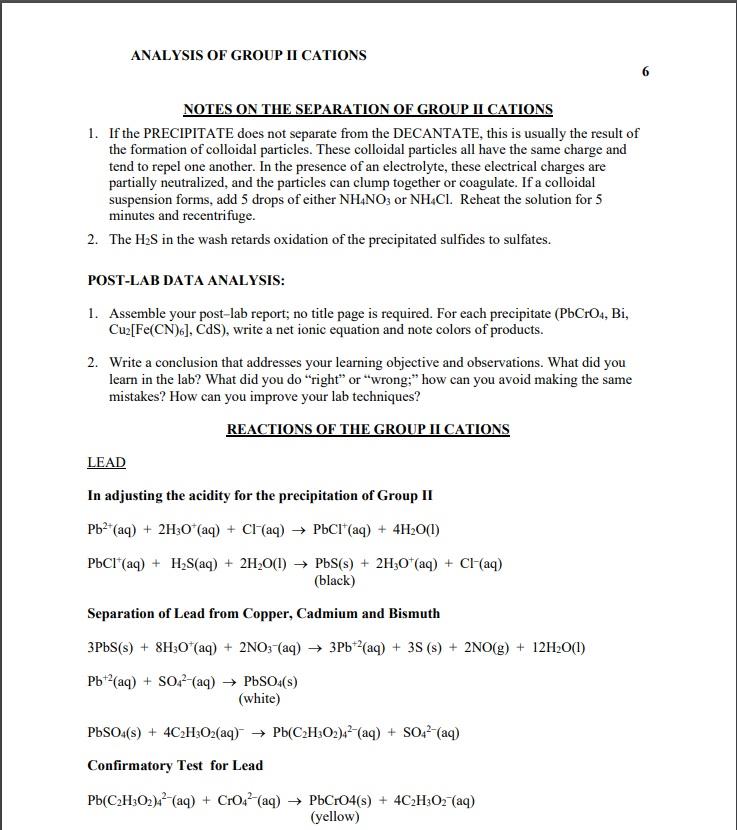 Solved ANALYSIS OF GROUP II CATIONS 3 PROCEDURE: Obtain a | Chegg.com