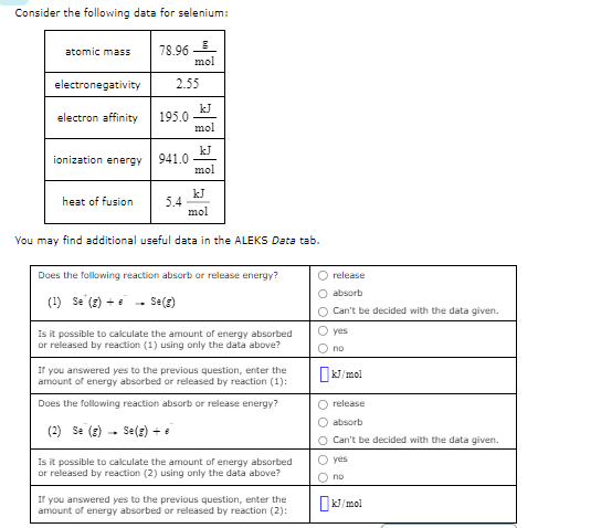 Solved Consider the following data for selenium:You may find | Chegg.com