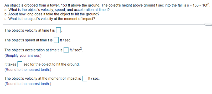 Solved An object is dropped from a tower, 153 ft above the | Chegg.com