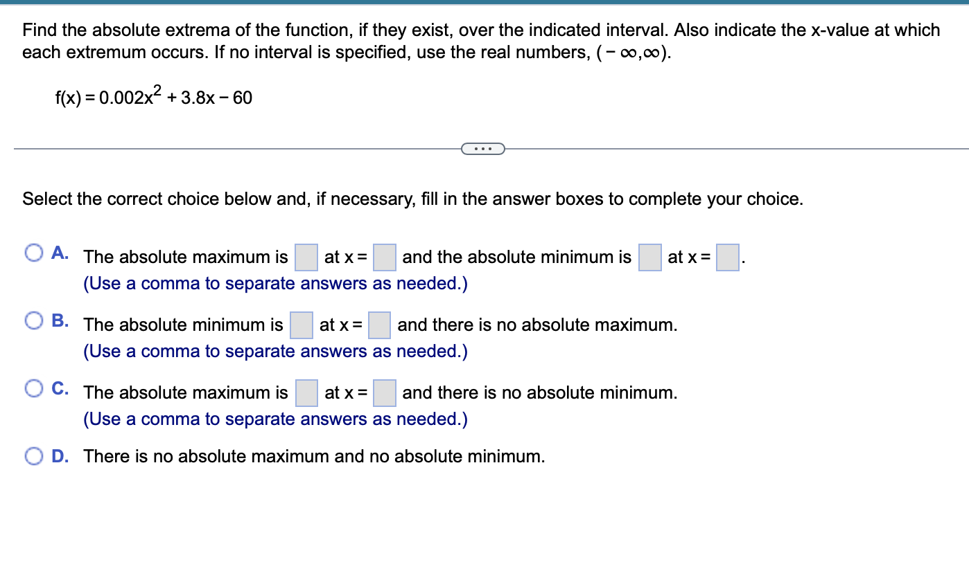Solved Find the absolute extrema of the function, if they | Chegg.com