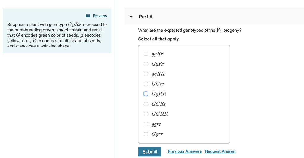 Solved Review Part A Suppose a plant with genotype GgRr is | Chegg.com