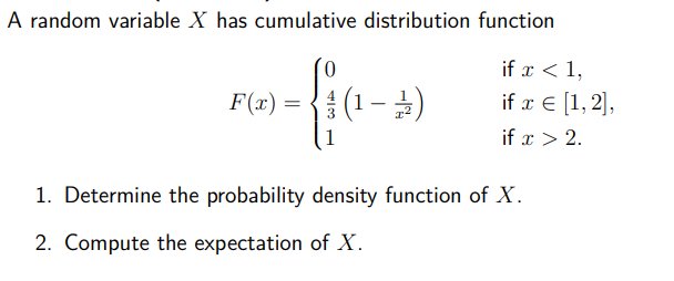 Solved A random variable X has cumulative distribution | Chegg.com