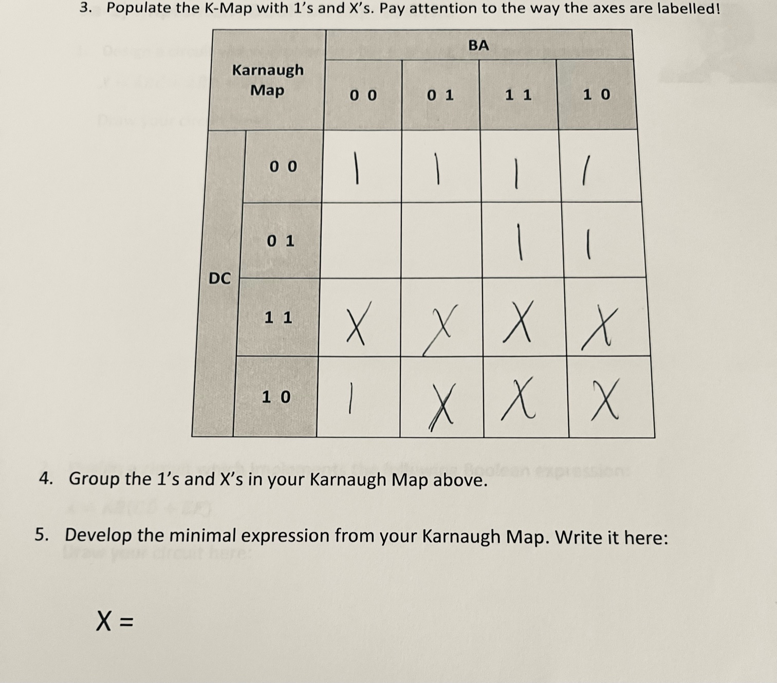 Solved 4. Group the 1's and X's in your Karnaugh Map above. | Chegg.com