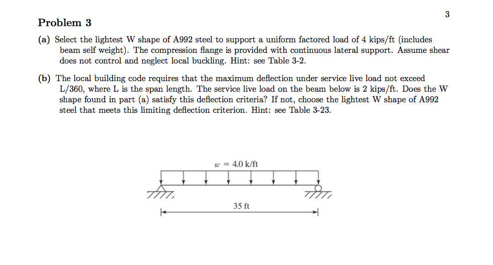 Problem 3 (a) Select the lightest W shape of A992 | Chegg.com