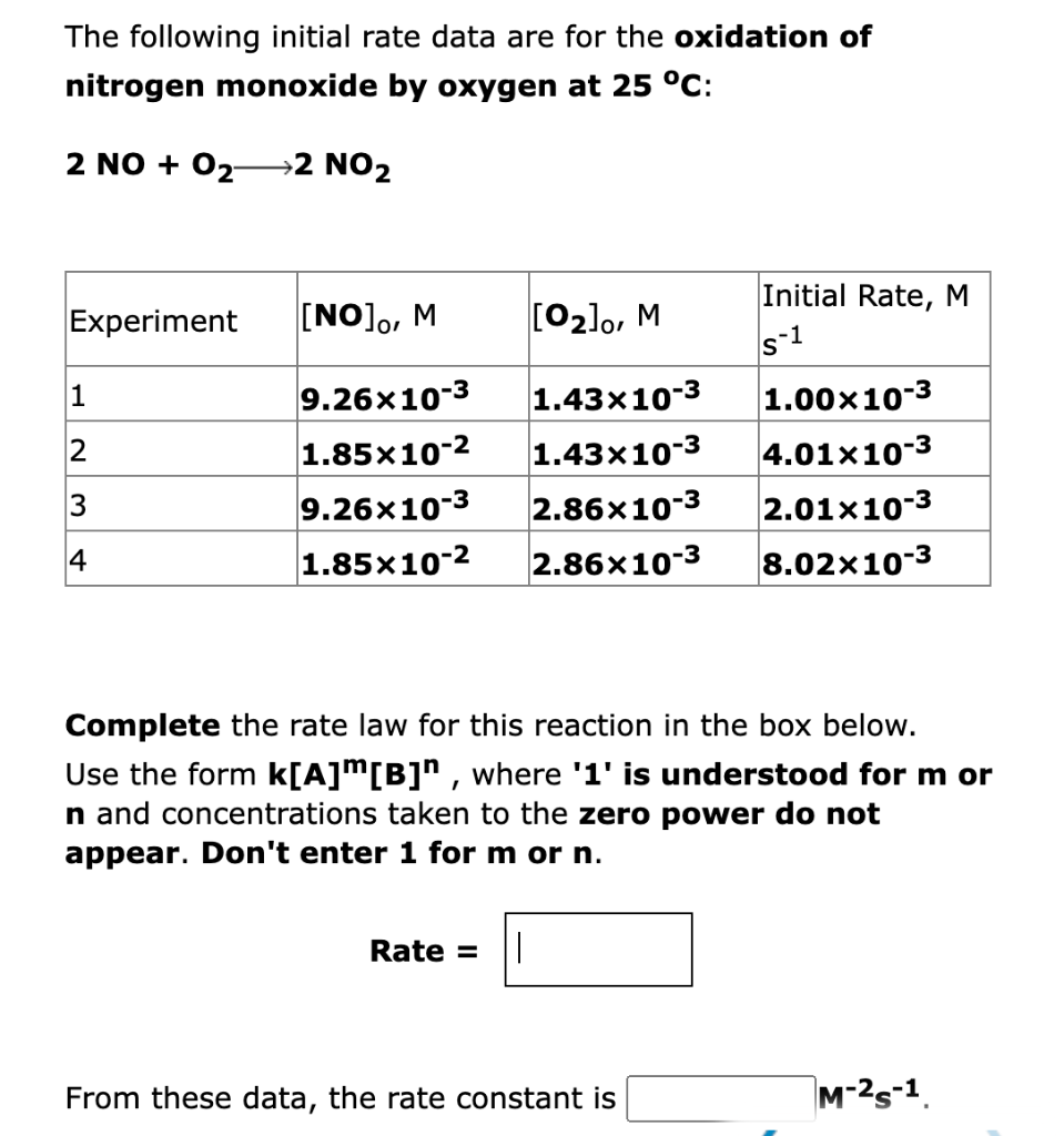 Solved The following initial rate data are for the oxidation | Chegg.com