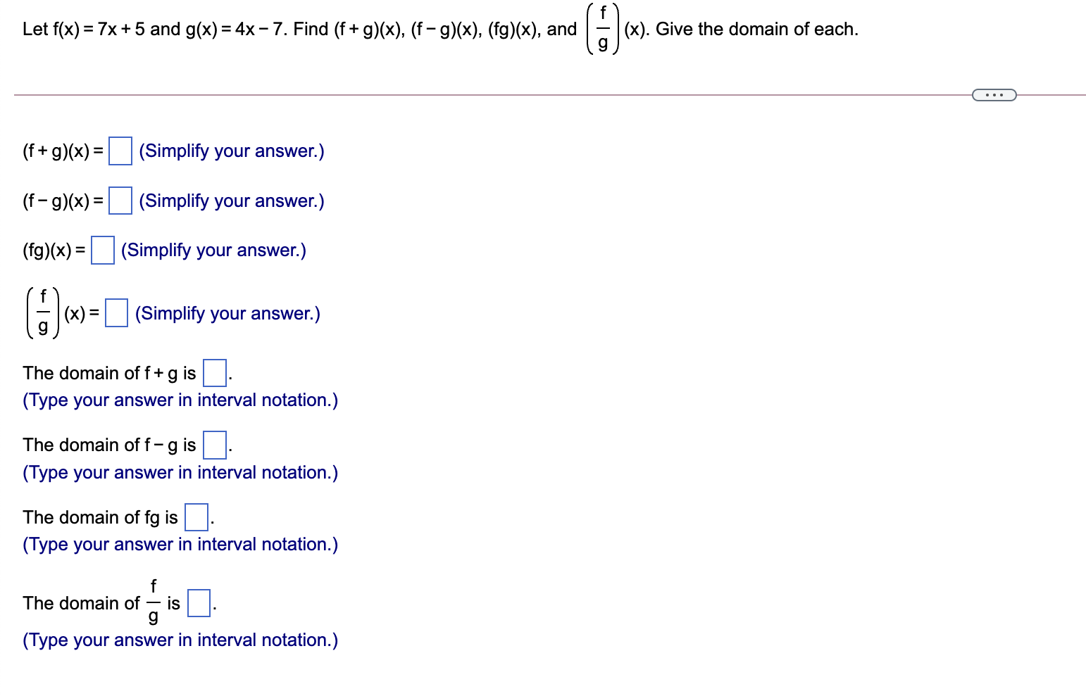 Solved Let f(x) = 7x +5 and g(x) = 4x - 7. Find (f+g)(x), | Chegg.com