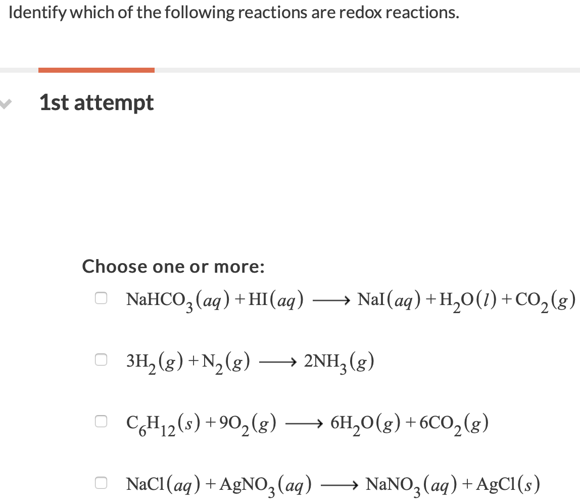 Solved Identify which of the following reactions are redox | Chegg.com
