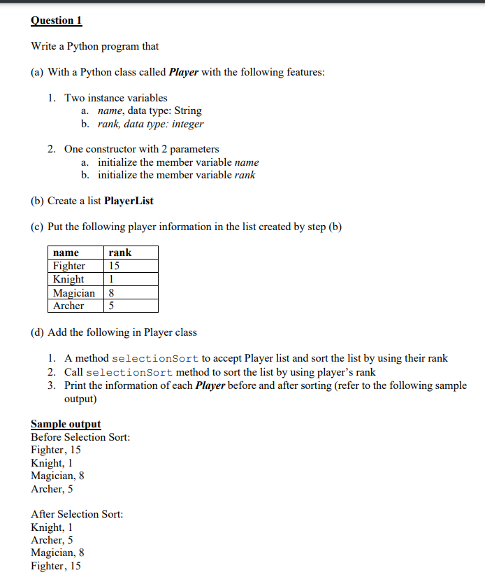 Solved (d) Add the following in Player class 1. A method | Chegg.com
