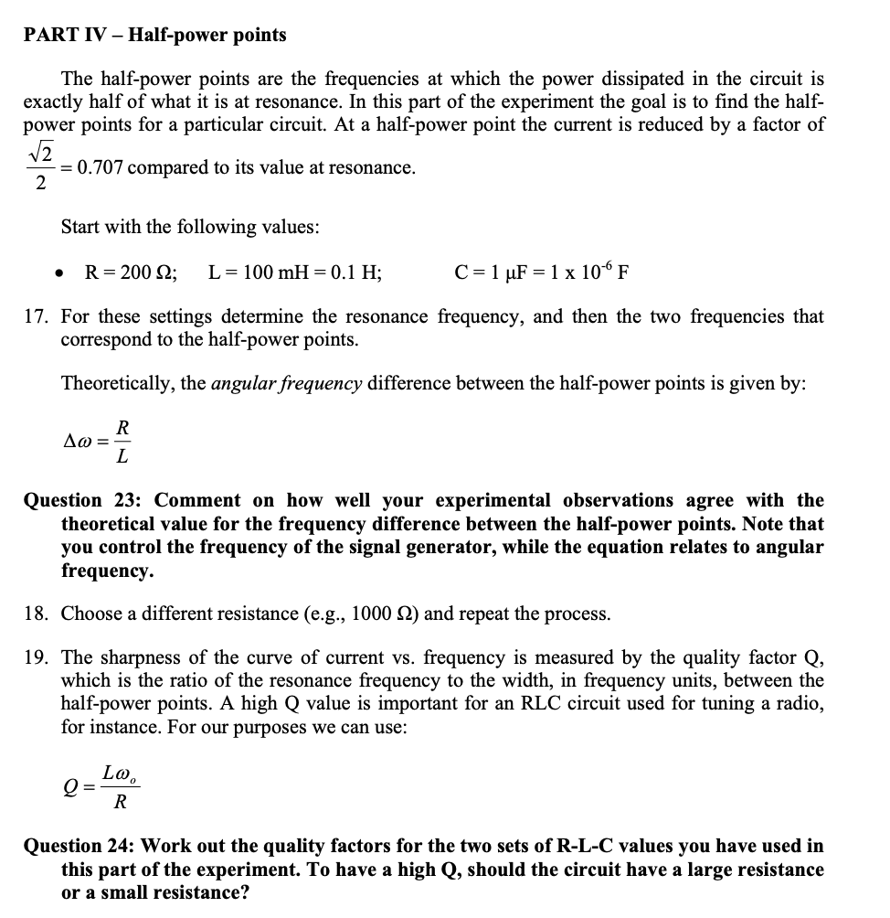 Solved PART IV – Half-power points The half-power points are | Chegg.com