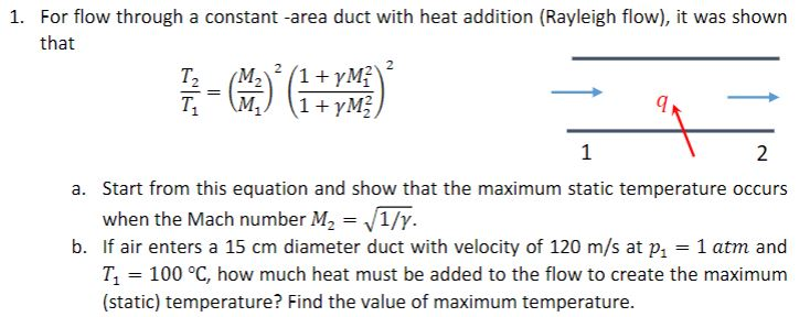Solved 1. For flow through a constant -area duct with heat | Chegg.com