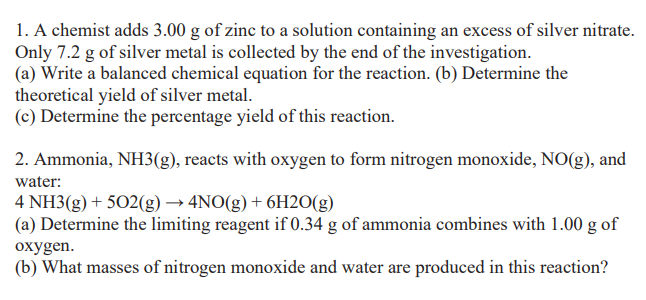 Solved A chemist adds 3.00g ﻿of zinc to a solution | Chegg.com