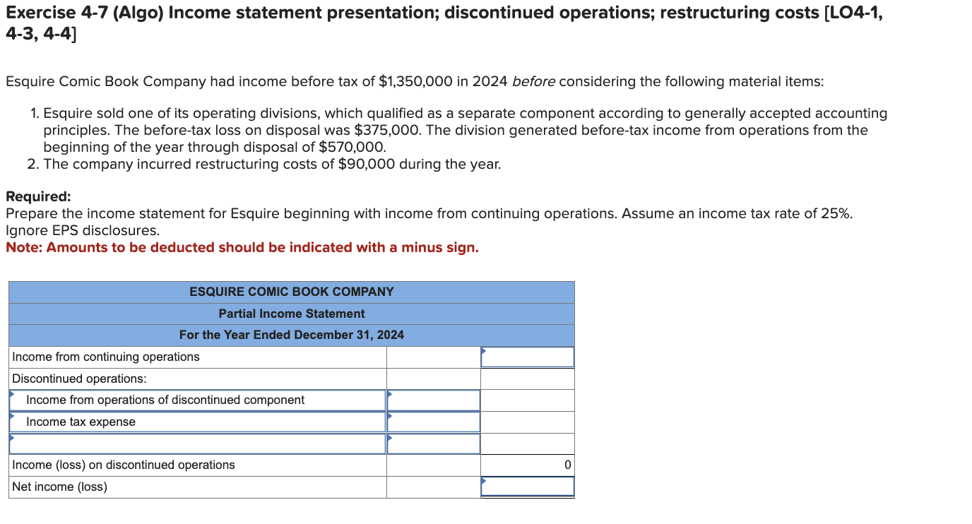 Solved Exercise 4-7 (Algo) Income statement presentation; | Chegg.com