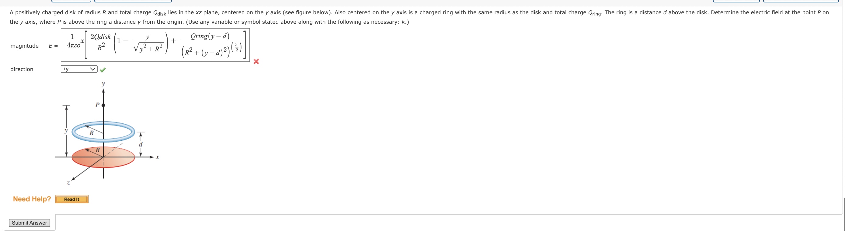 Solved the y ﻿axis, where P ﻿is above the ring a distance y | Chegg.com