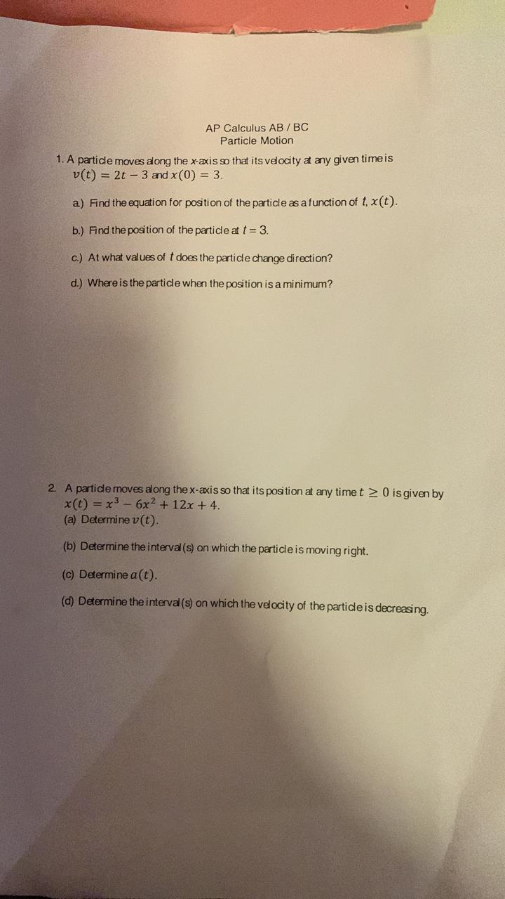 Solved AP Calculus AB / BC Particle Motion 1. A particle | Chegg.com