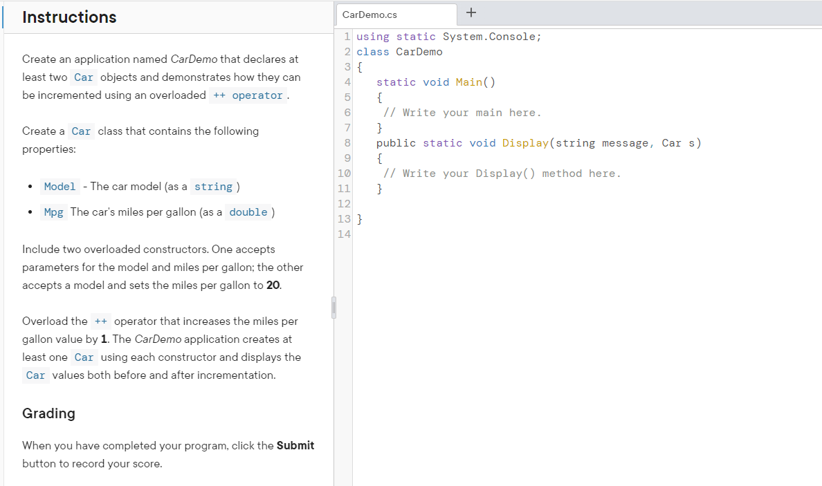 Solved Instructions CarDemo.cs + Create an application named | Chegg.com