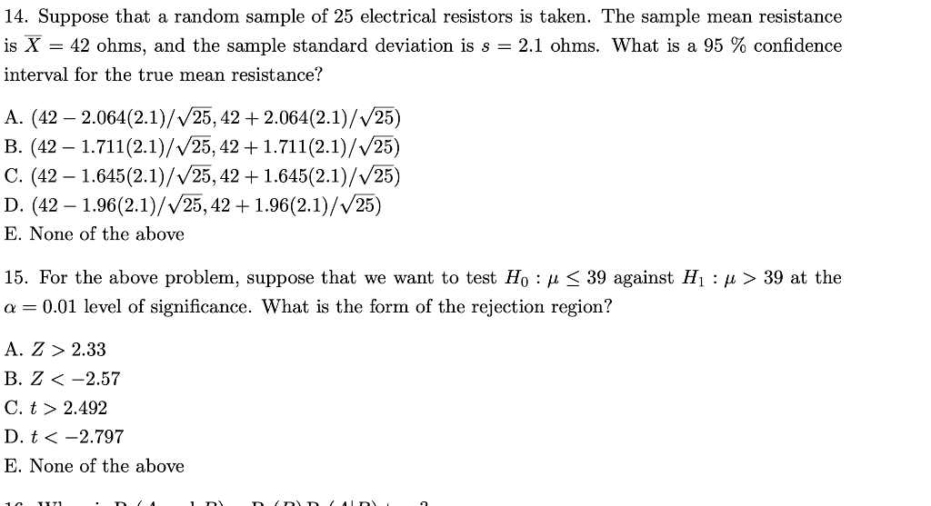 Solved 14. Suppose that a random sample of 25 electrical | Chegg.com