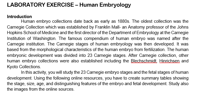 Solved Introduction Human embryo collections date back as | Chegg.com