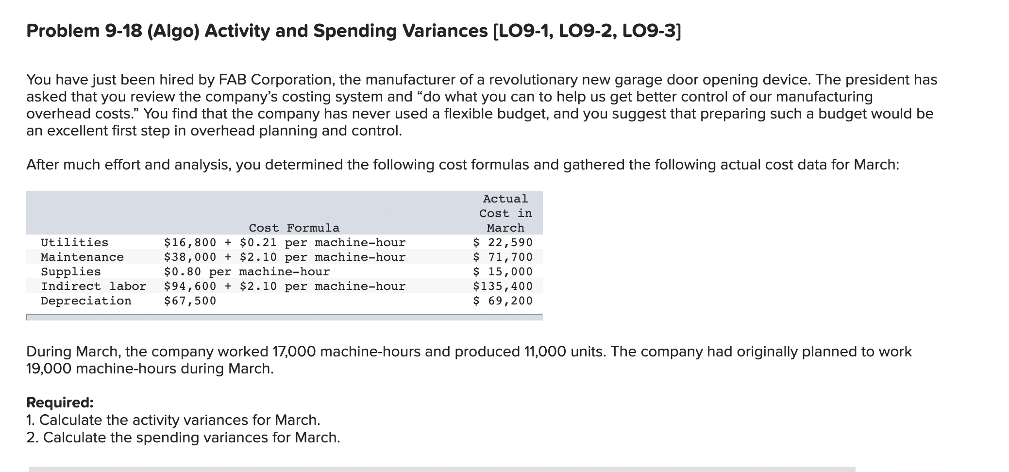 Solved Problem 9-18 (Algo) Activity and Spending Variances | Chegg.com