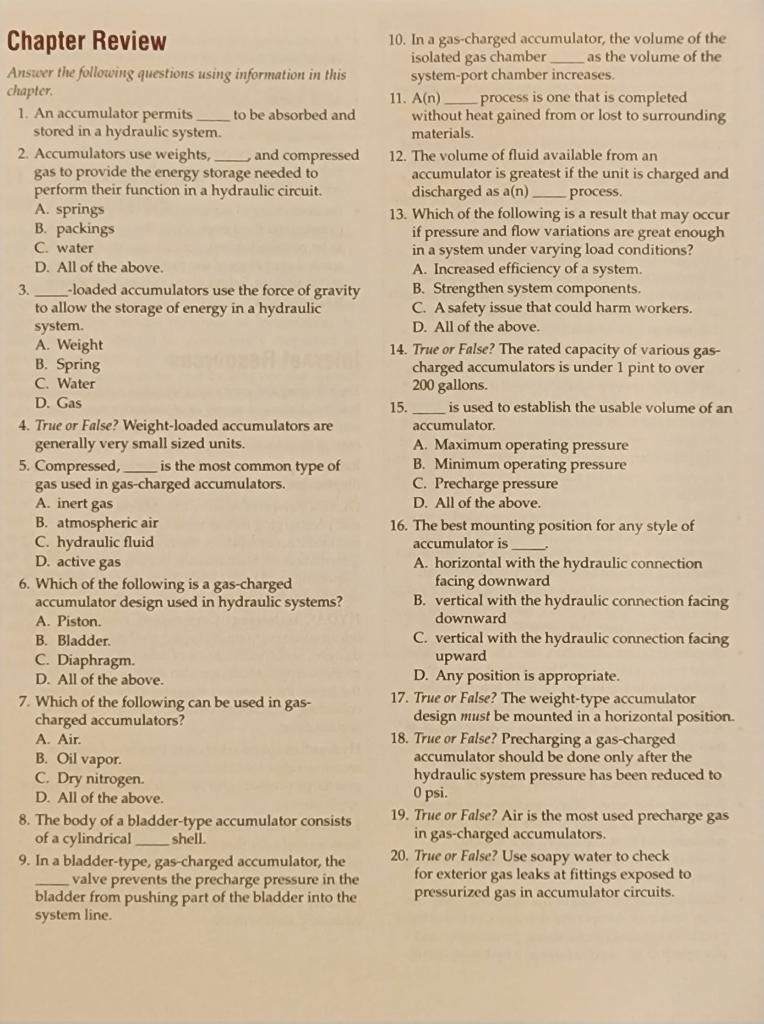 Solved Chapter Review 10. In a gas-charged accumulator, the | Chegg.com