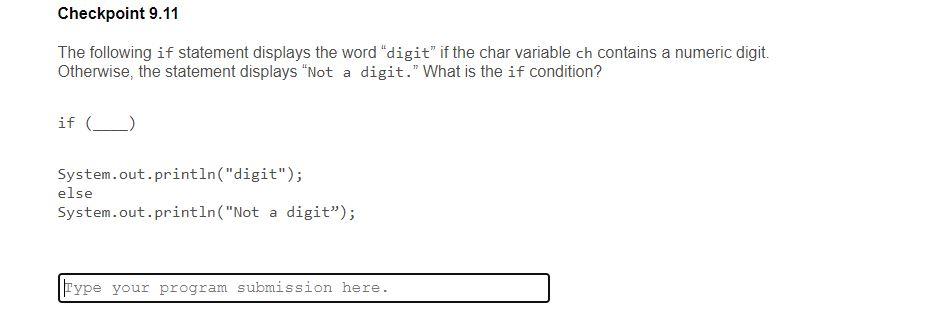 Solved Checkpoint 9.11 The following if statement displays | Chegg.com