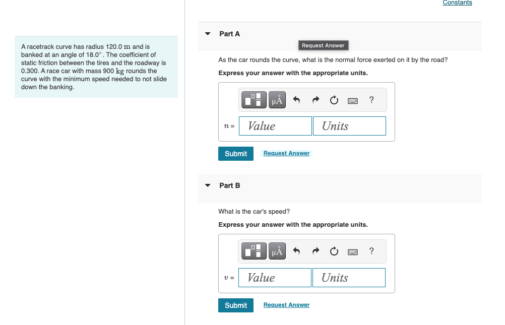 Solved A racetrack curve has radius 120.0 m and is banked at | Chegg.com