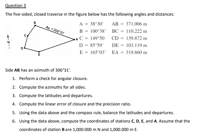 Solved B Question 3 The five-sided, closed traverse in the | Chegg.com