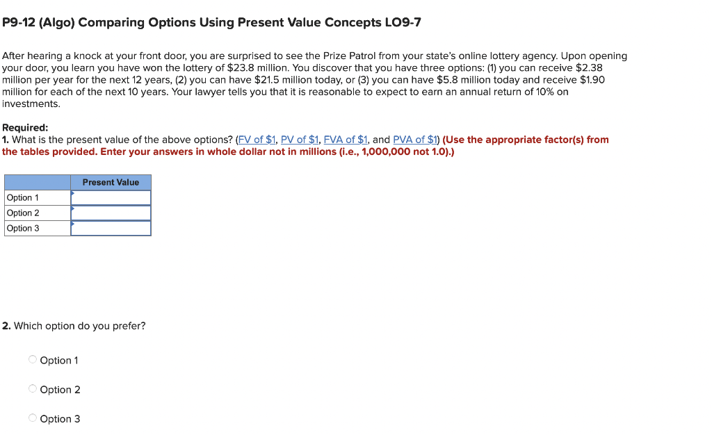 Solved P9-12 (Algo) Comparing Options Using Present Value | Chegg.com