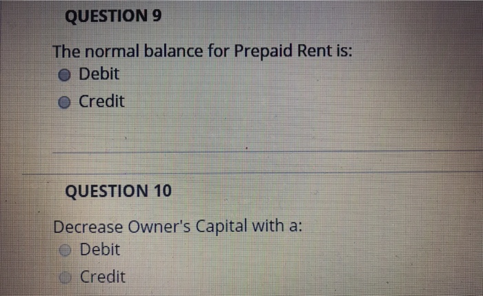 Solved QUESTION 9 The normal balance for Prepaid Rent is: O | Chegg.com