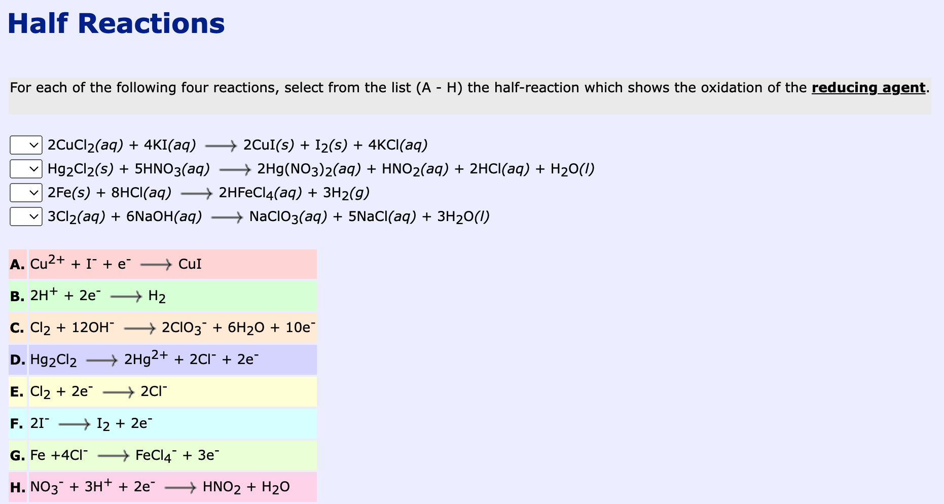 Solved Half Reactions For each of the following four | Chegg.com