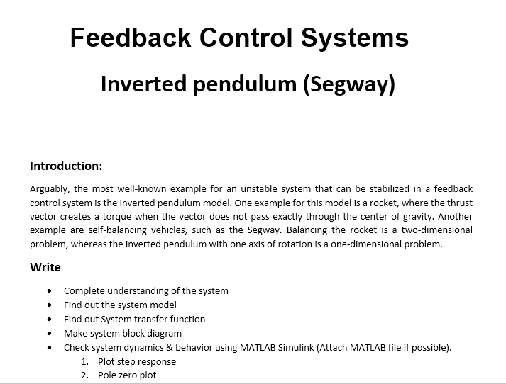 Feedback Control Systems Inverted pendulum (Segway) | Chegg.com