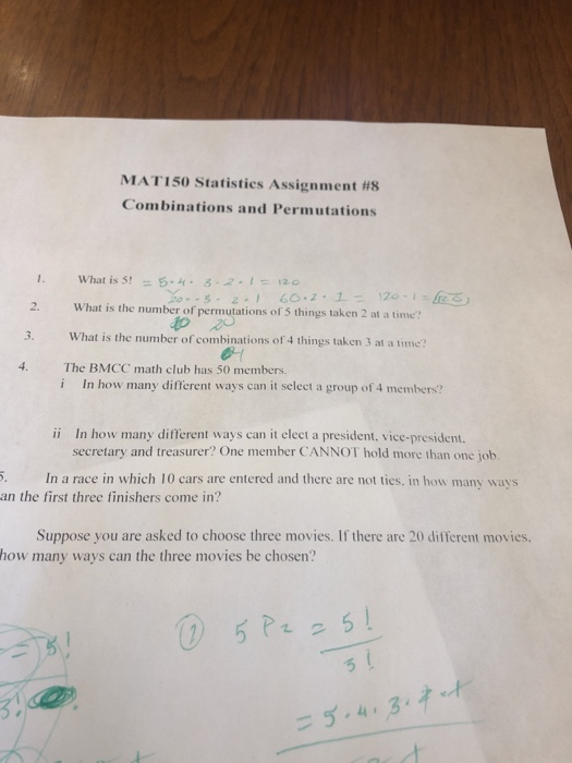 Solved MAT 150 Statistics Assignment #8 Combinations and | Chegg.com