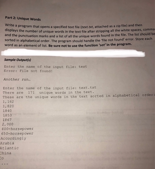 Solved Part 2 Unique Words E A Program That Opens A 