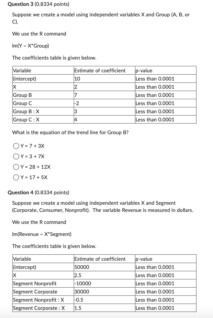 Solved Question 3 (0.8334 points) Suppose we create a model | Chegg.com