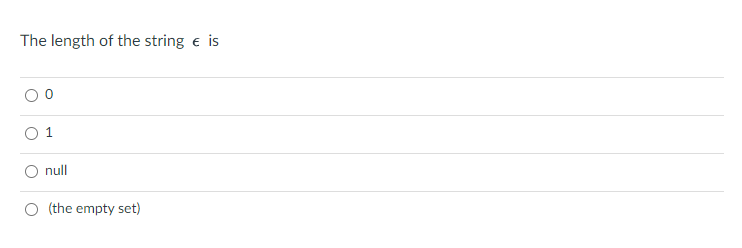 Solved The length of the string e is O null O (the empty | Chegg.com