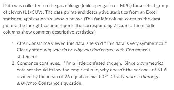 Solved Data was collected on the gas mileage (miles per | Chegg.com