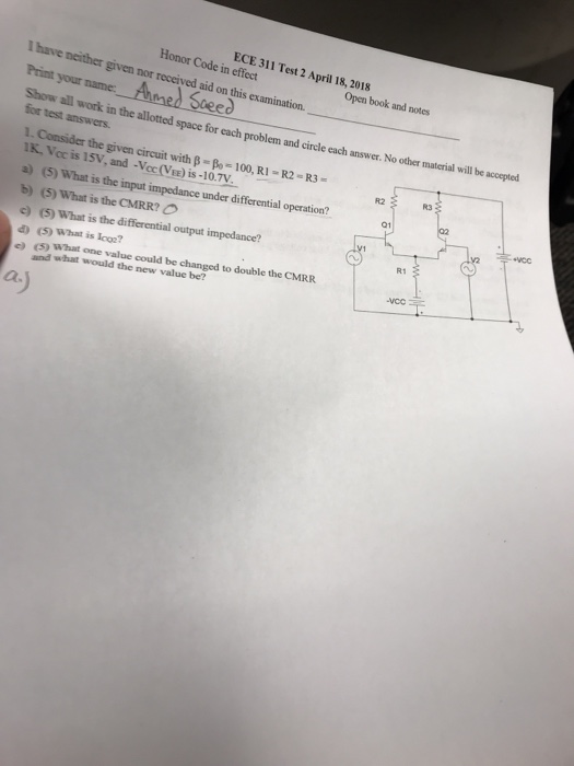 Solved ECE 311 Test 2 April 18, 2018 Honor Code in effect | Chegg.com